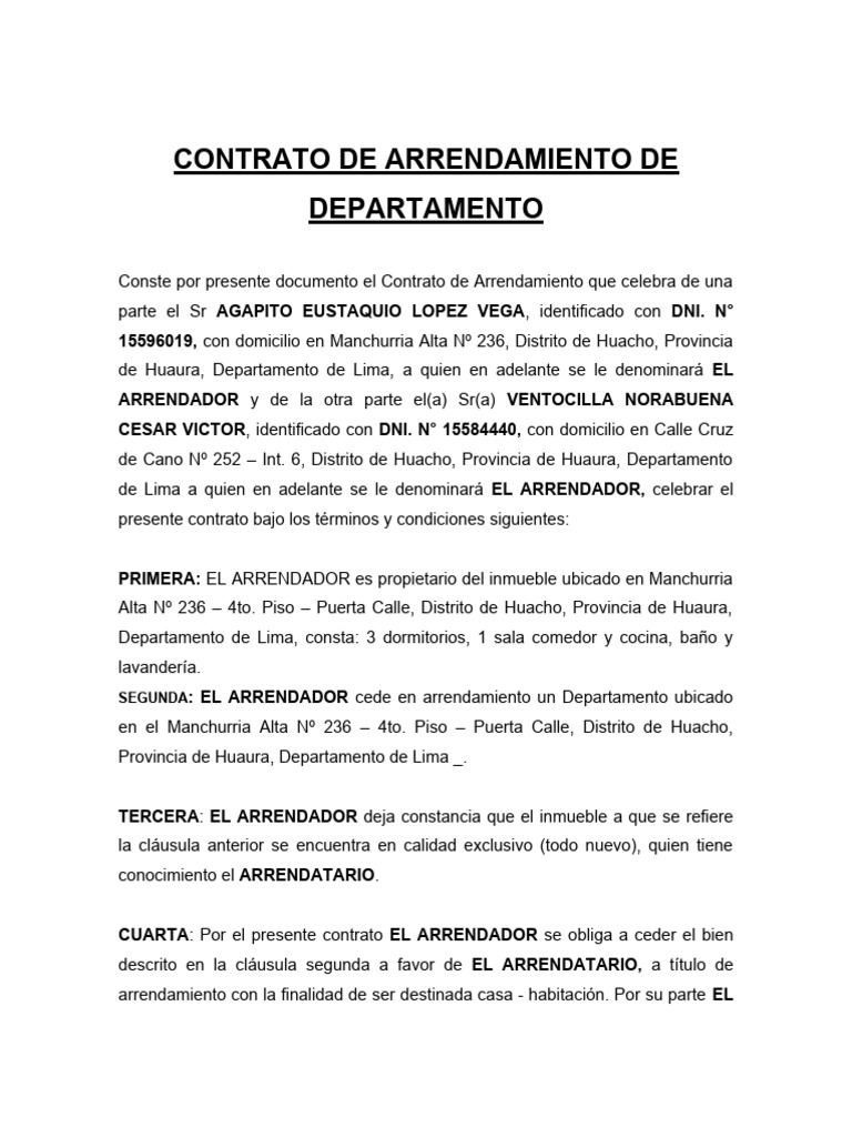 Contrato De Arrendamiento De Departamento 2024 Pdf Derecho Privado