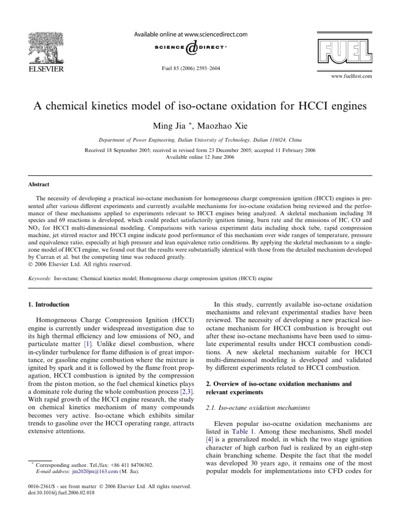 A chemical kinetics model of iso-octane oxidation for HCCI engines | PDF