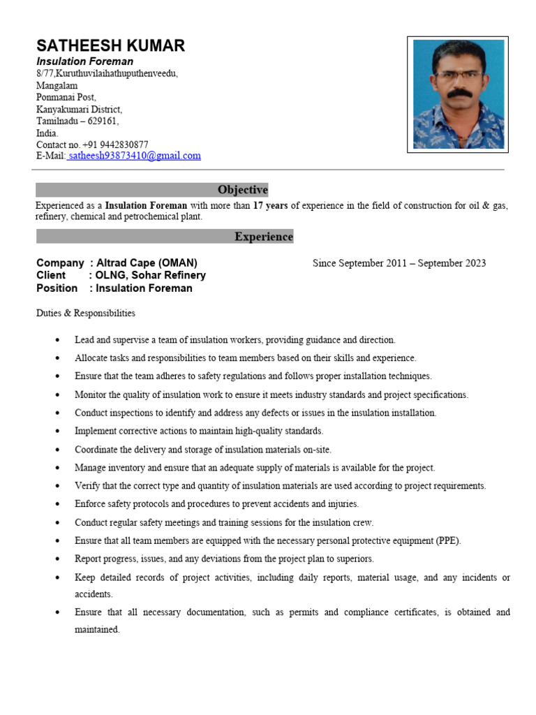 Satheesh Kumar CV-1 | PDF | Building Insulation | Safety