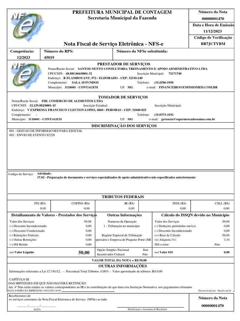 NFS-e 1470 modelo em pdf de Nota de serviço | PDF | Business