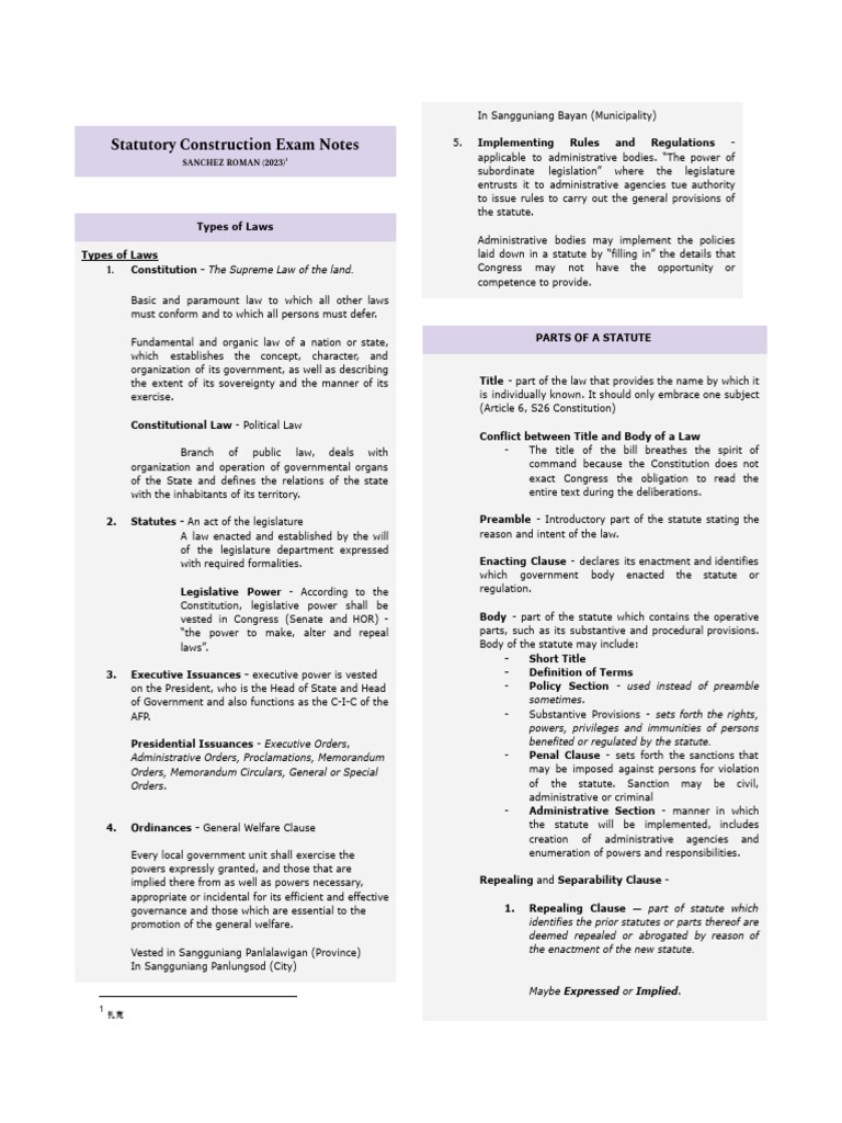 Statutory Construction Exam Notes 2023 | PDF | Statutory Interpretation ...