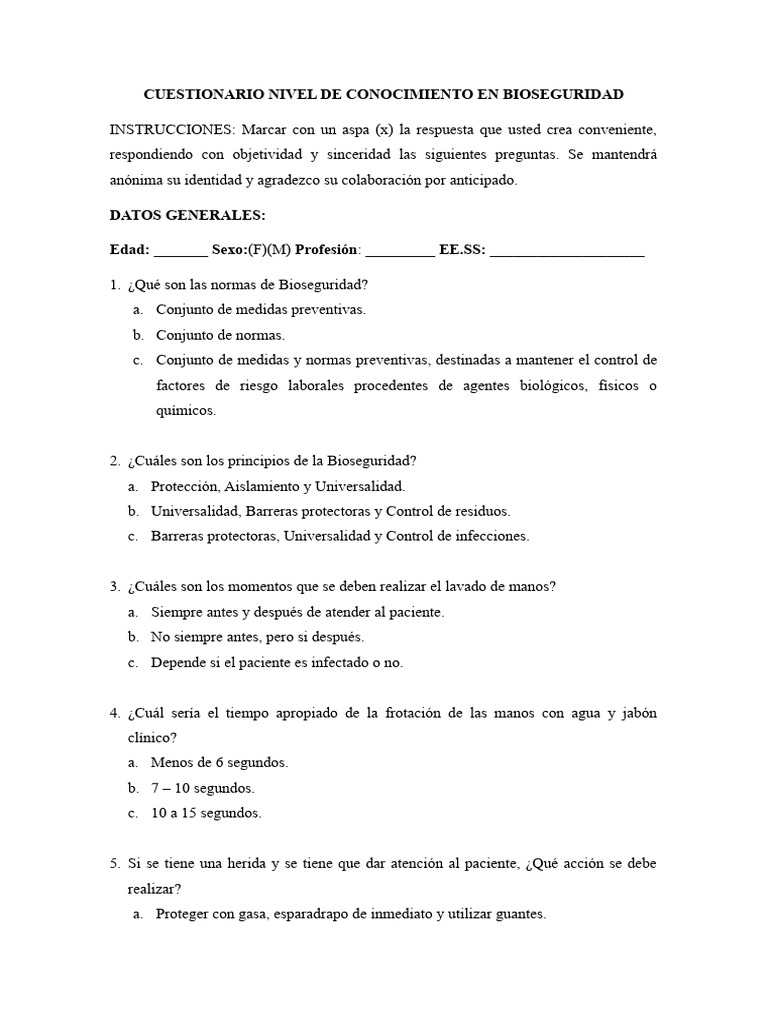 Cuestionario Nivel de Conocimiento en Bioseguridad | PDF | Infección | Residuos