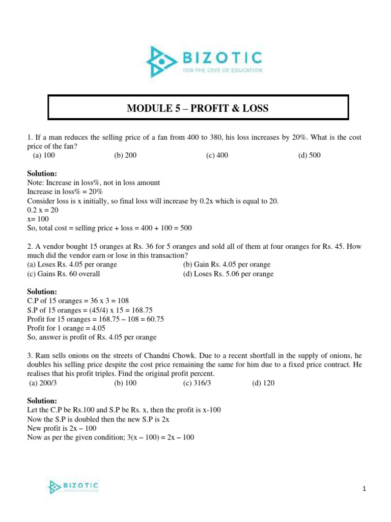 Module 5 - Profit and Loss Trainer Handout | PDF | Profit (Economics ...