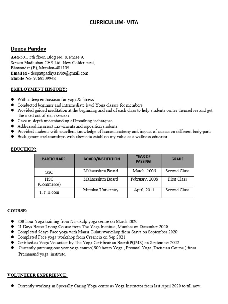Curriculum-Vita: Add-501, 5th Floor, BLDG No. 8, Phase 9, Mobile No - 9769509948 Employment ...