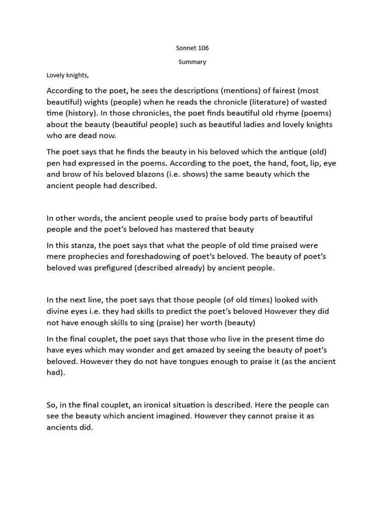 Sonnet 106 Summary Pdf