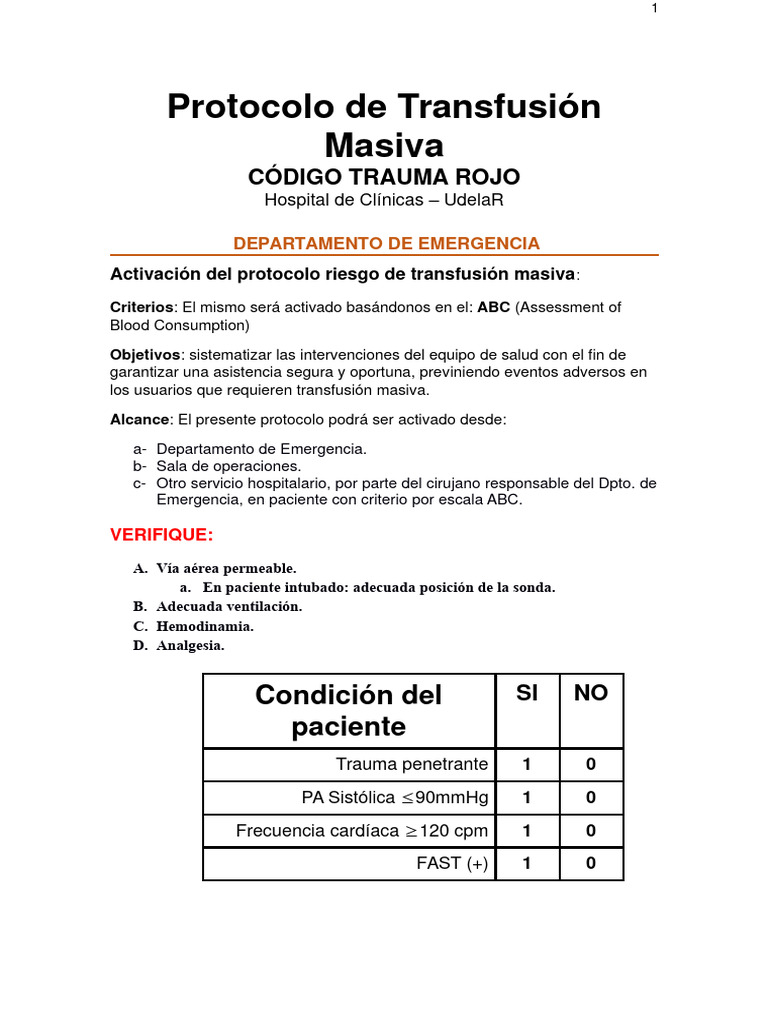 Protocolo Transfusión Masiva - Hospital Clínicas | PDF | Reanimación cardiopulmonar ...