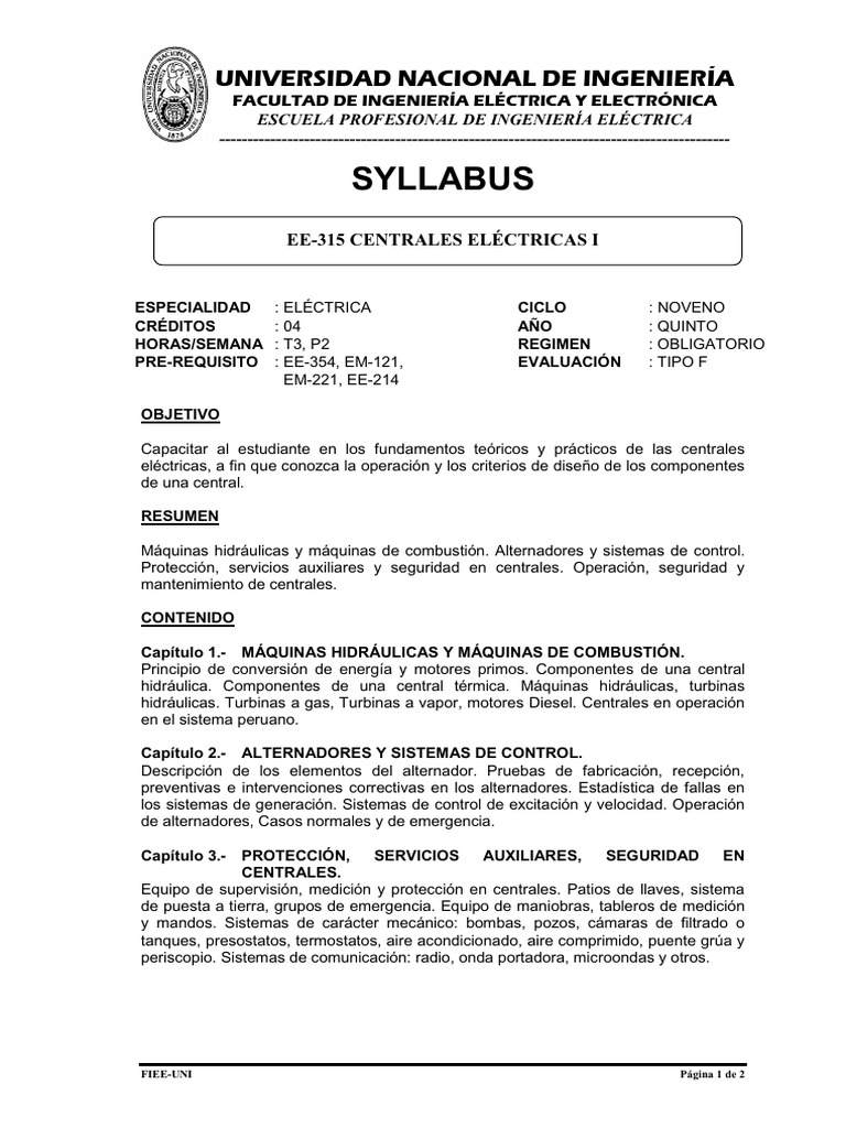 Syllabus EE-315 Centrales Eléctricas | PDF | Ingenieria Eléctrica | Turbina