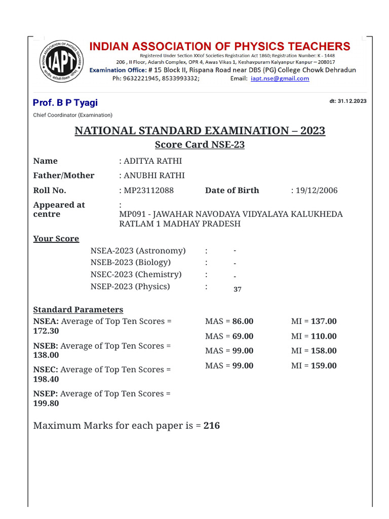 ScoreCard - IAPT 2023 | PDF