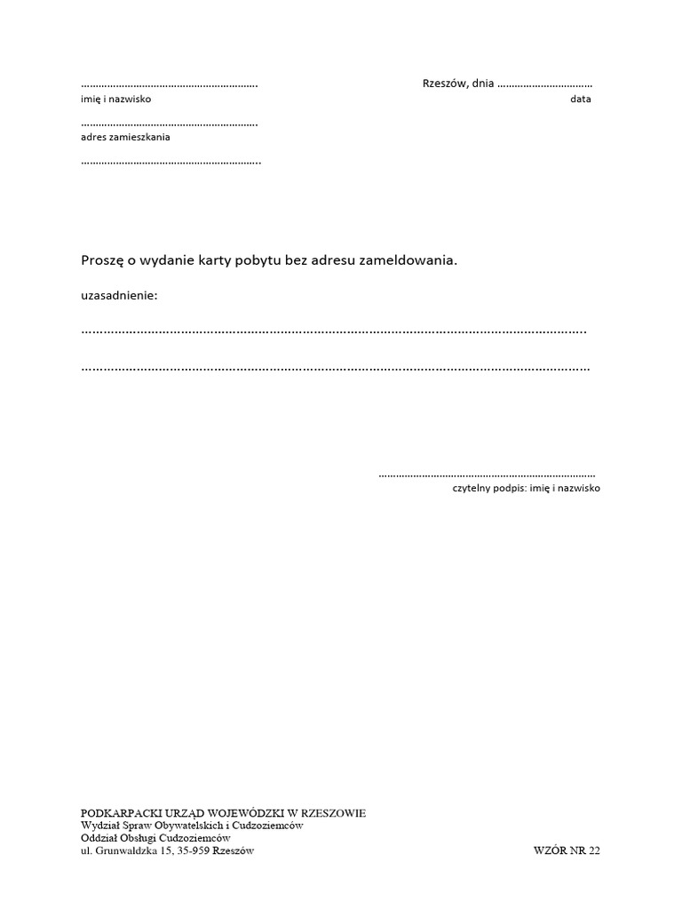 WZOR NR 22 Prosba o Wydanie Karty Pobytu Bez Zameldowania | PDF