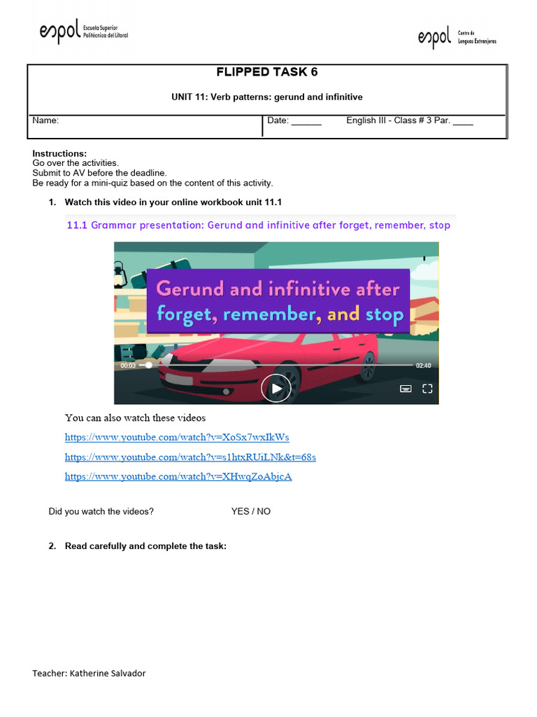 E3 FLIPPED TASK 6 UNIT 11 Verb Patterns Gerund and Infinitive | PDF