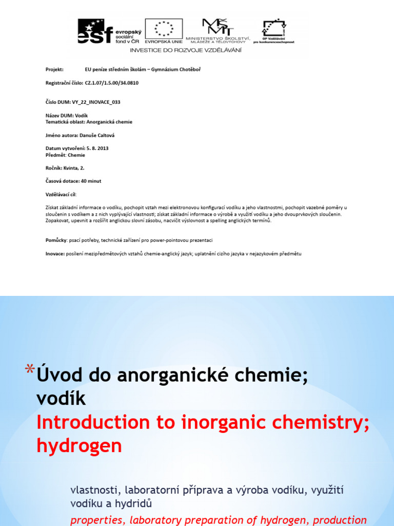 Úvod Do Anorganické Chemie Vodík | PDF