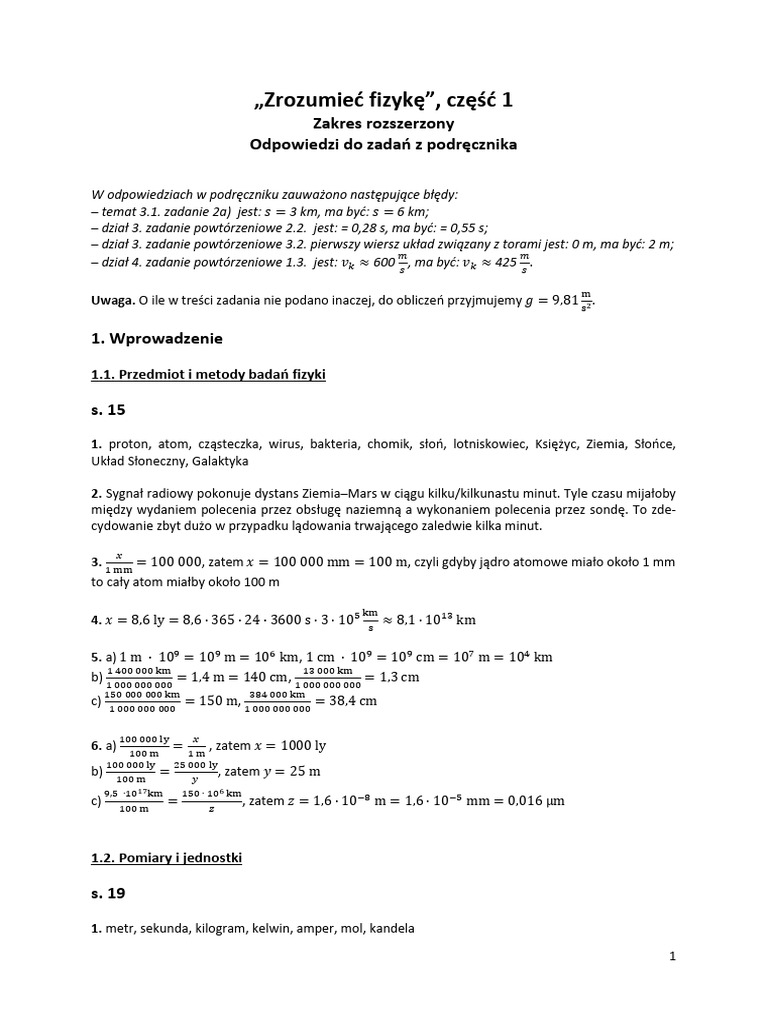 Rozwiazania Zadan Podrecznik Zrozumiec Fizyke Czesc 1 | PDF