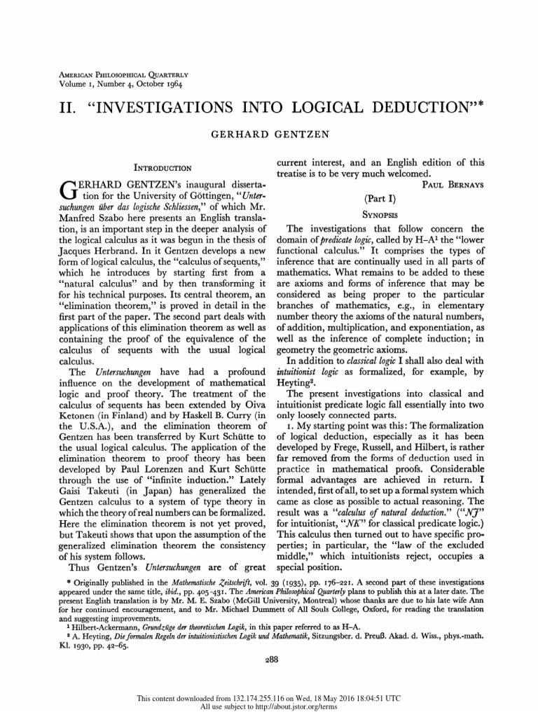 Gentzen Investigations Into Logical Deduction | PDF | Logic | Mathematical Logic