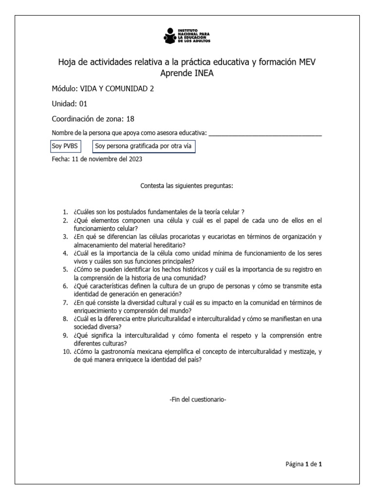 Hoja de Actividades Vida y Comunidad 2 Unidad 1 | PDF