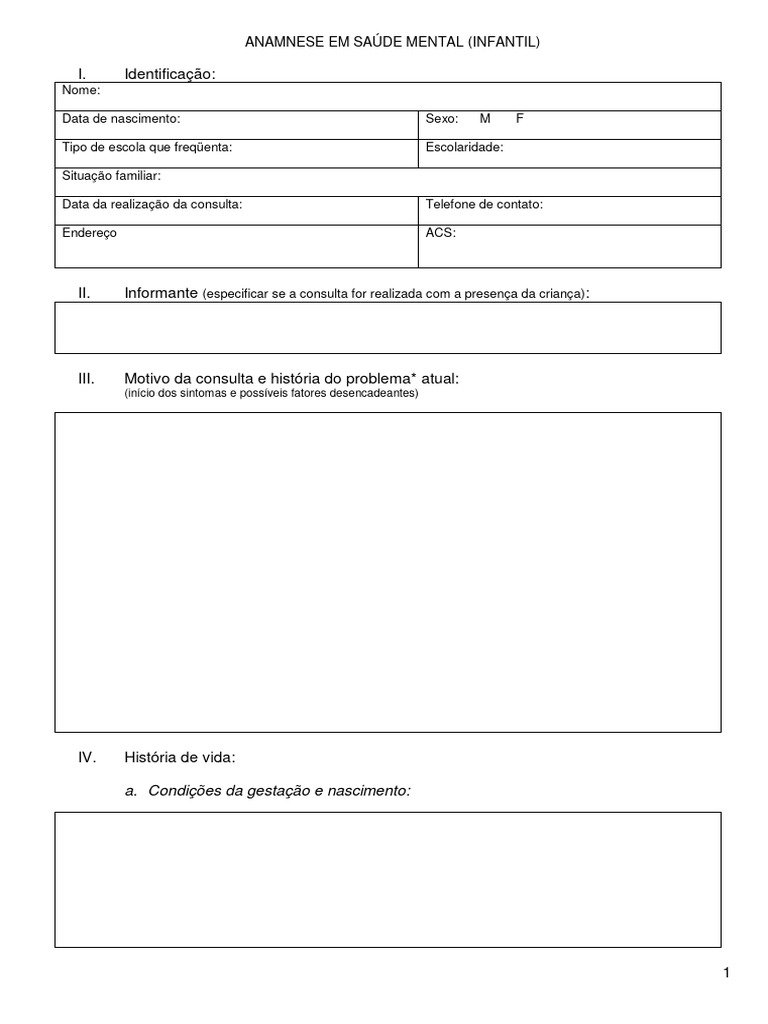 Modelo de Anamnese Inf | PDF | Distúrbio mental | Psicopatologia
