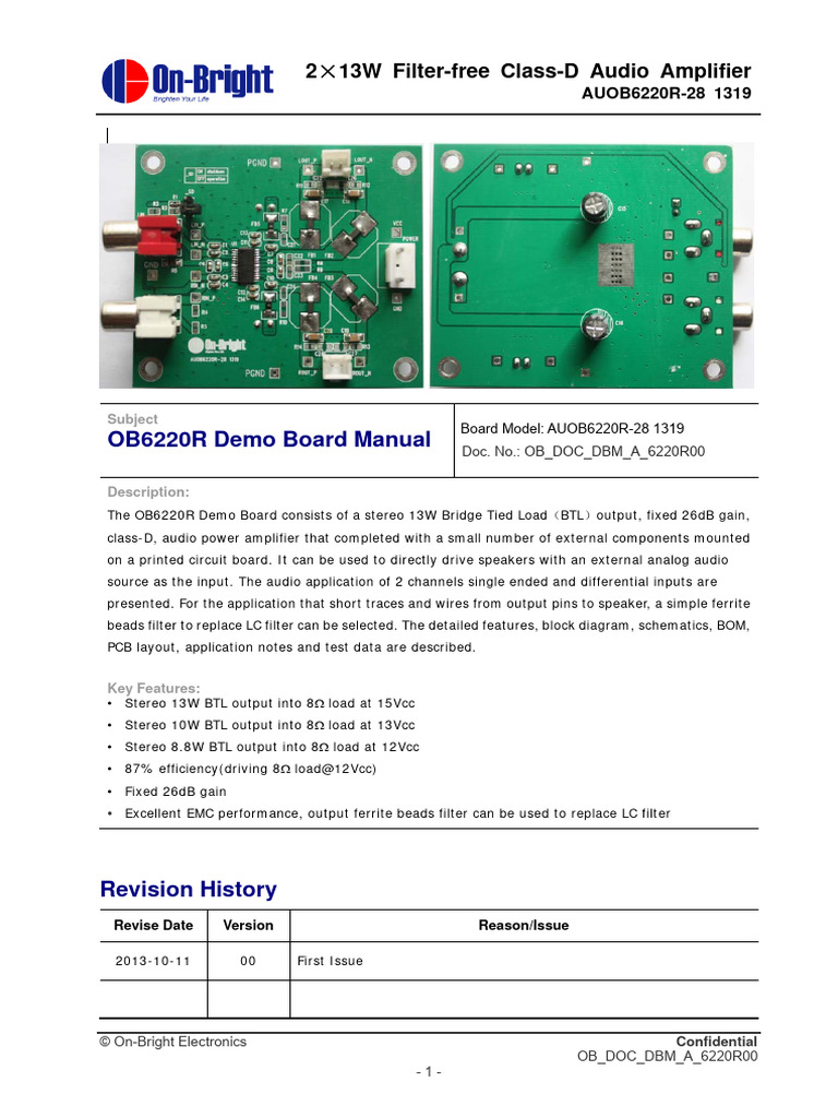 OB6220R Demo Board Manual: 2×13W Filter-Free Class-D Audio Amplifier | PDF | Power Supply ...