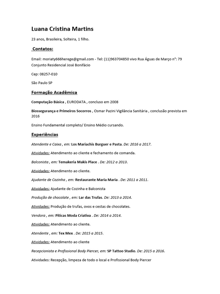 Luana Cristina Martins CV | PDF | Carreira e Crescimento | Estilo de vida