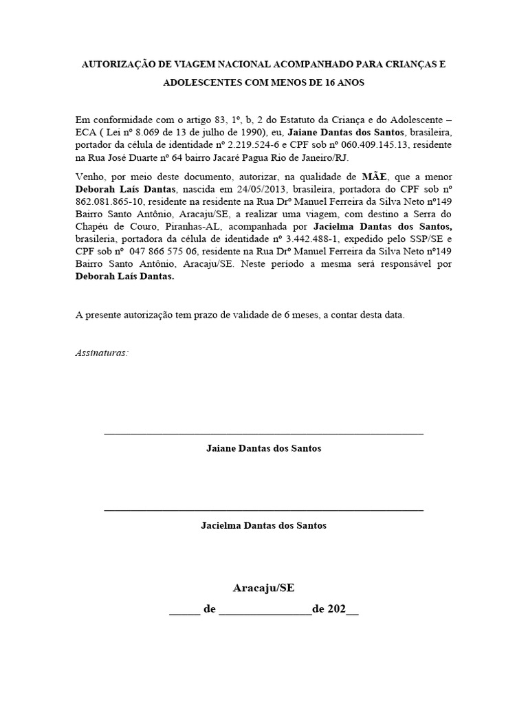 Autorização de Viagem Nacional Acompanhado para Crianças e | PDF Autorização de Viagem Nacional Acompanhado para Crianças e | PDF