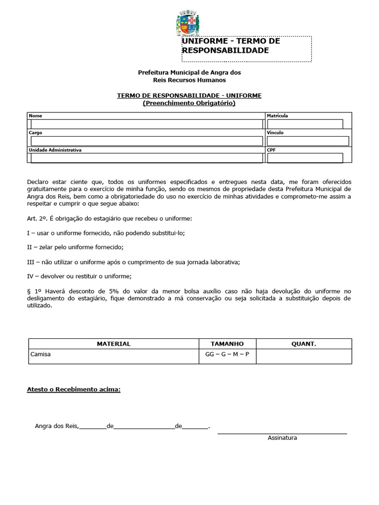 Uniforme Termo De Responsabilidade Pdf