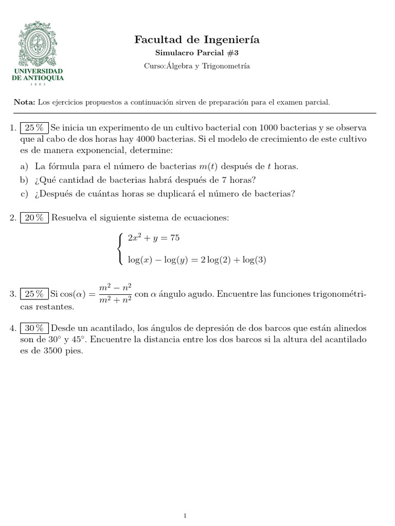 Simulacro Parcial 3 Algebra y Trigonometria Tipo B | PDF
