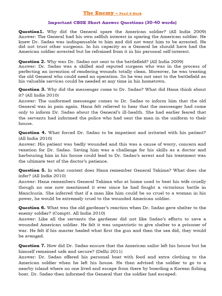 XII The Enemy IMP CBSE QUES. | PDF