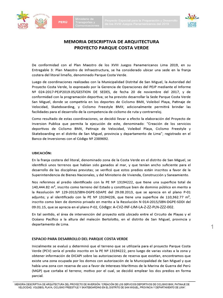 Memoria de Parque Costa Verde Rev. 3 | Descargar gratis PDF | Lima