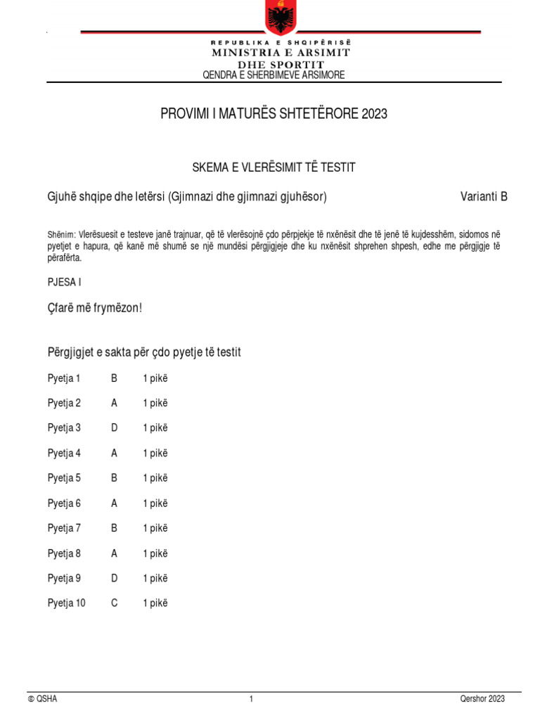 Skema e Vleresimit - Gjuhe Shqipe Dhe Letersi Gjimnaz - Varianti B - MSH 2023 | PDF