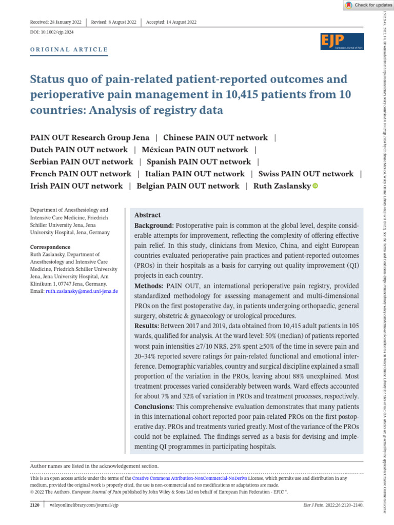 European Journal of Pain - 2022 - Status Quo of Pain Related Patient ...