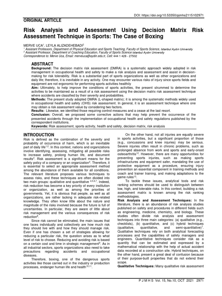 Risk Analysis and Assessment Using Decision Matrix Risk Assessment Technique in Sports: The Case ...