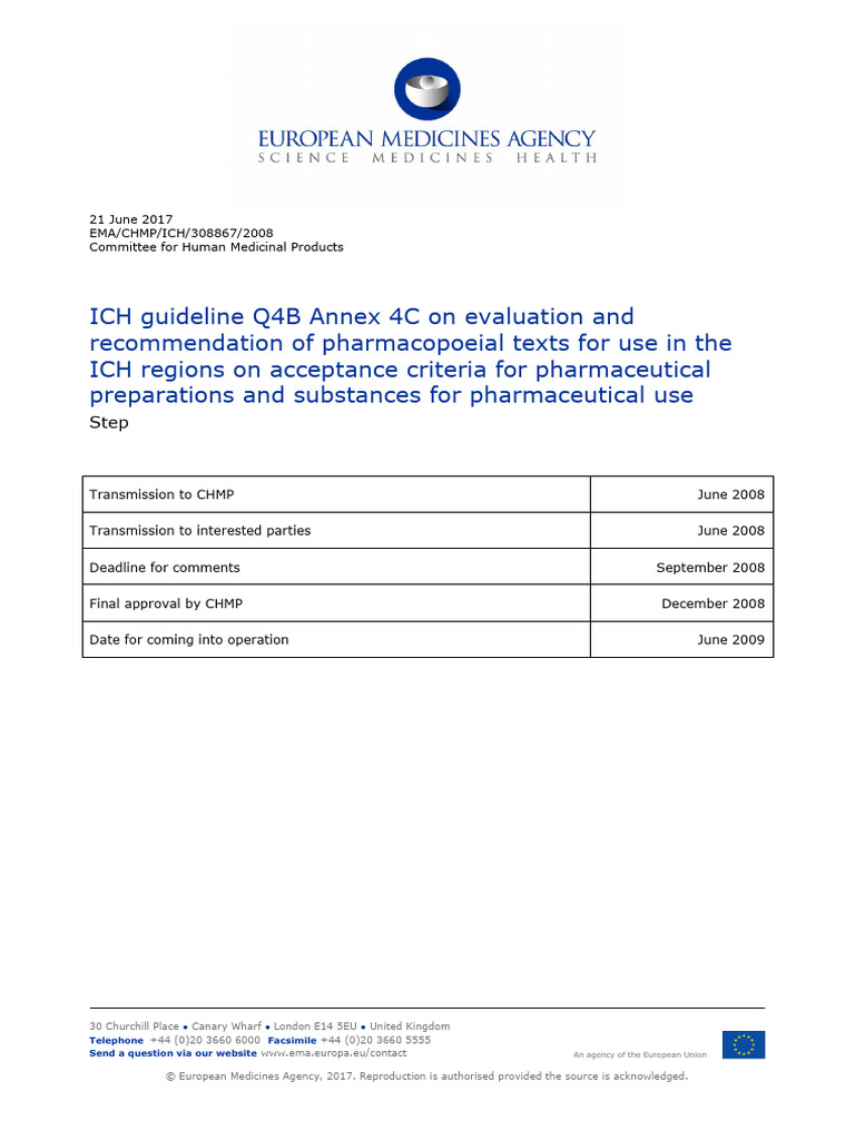 Ich Guideline q4b Annex 4c Evaluation Recommendation Pharmacopoeial Texts Use Ich Regions ...