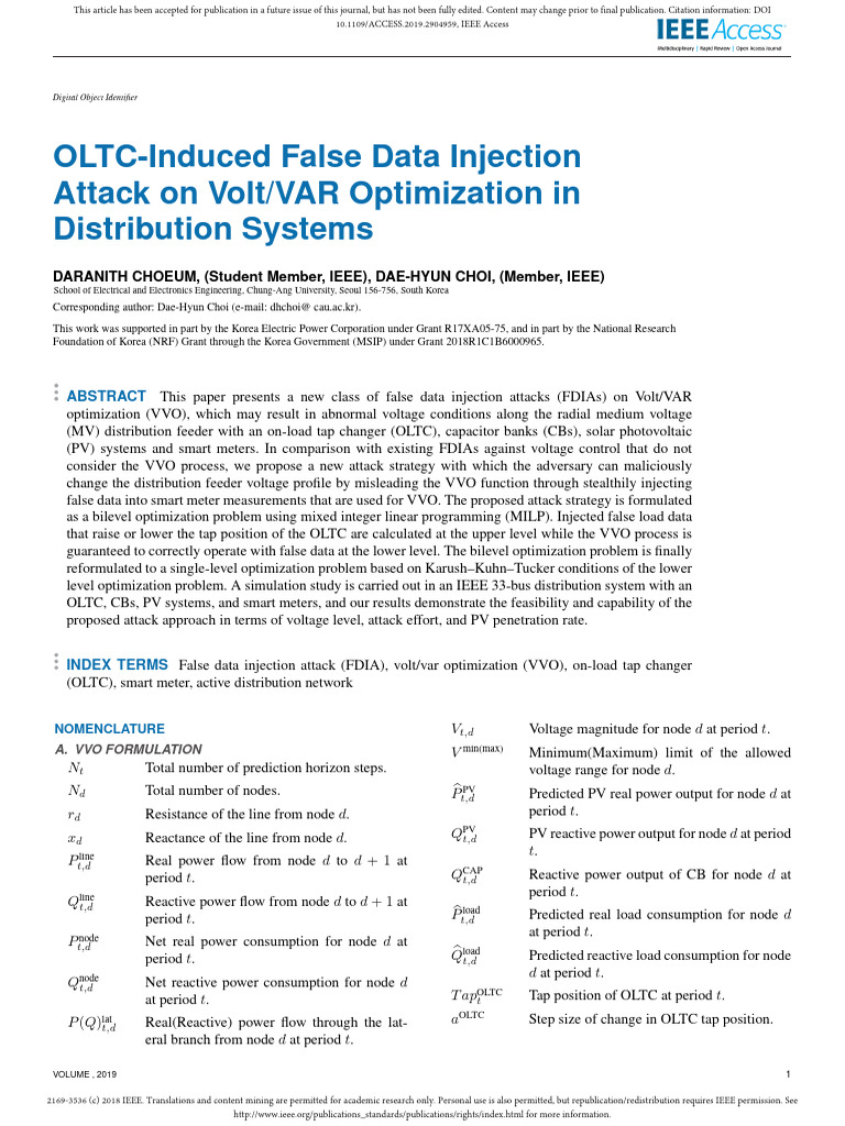 Oltc Induced False Data Injection Attack On Voltva Pdf