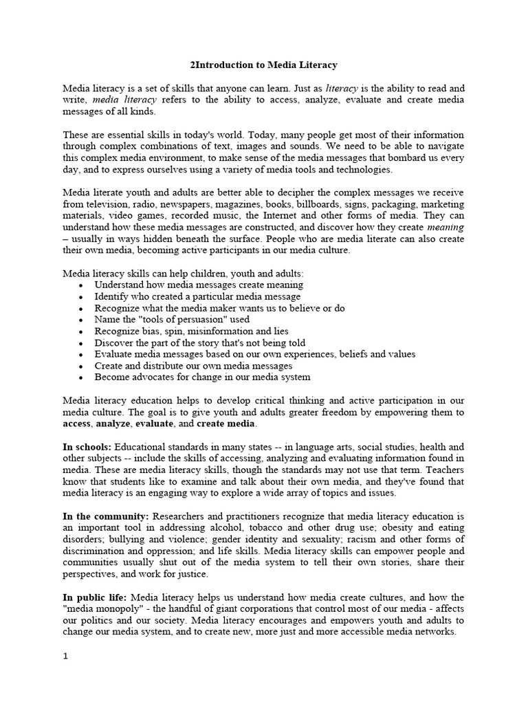 Introduction To Media Literacy | PDF | Mass Media | Literacy