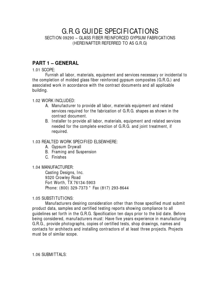 GRG Guide Specifications | PDF | Drywall | Physical Sciences