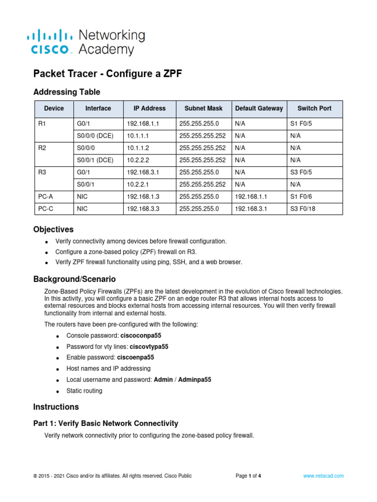 10.3.11 Packet Tracer - Configure A ZPF | PDF | Firewall (Computing) | Router (Computing)