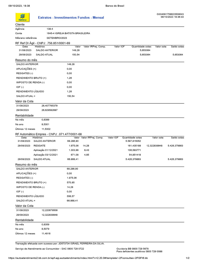 Extrato Unificado SET 23 | PDF | Bancos | Finanças Públicas