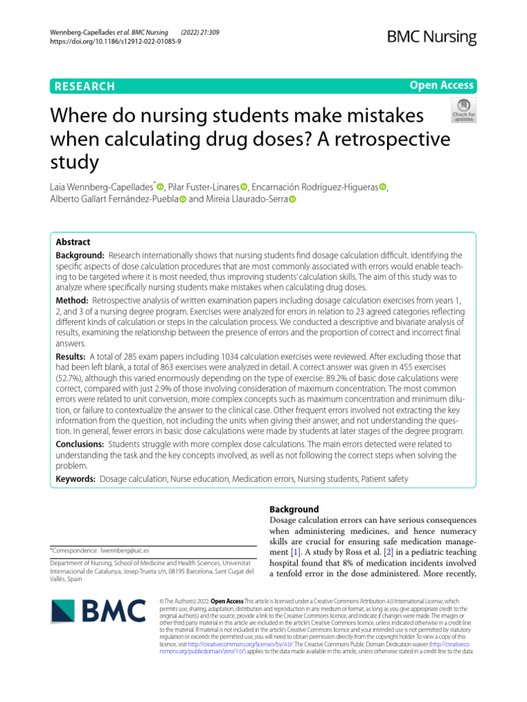 2022 BMC Nursing Calcul | PDF | Nursing | Dose (Biochemistry)