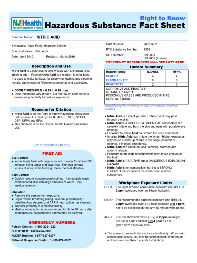 Hazardous Substance Fact Sheet: Right To Know | PDF | Nitric Acid ...