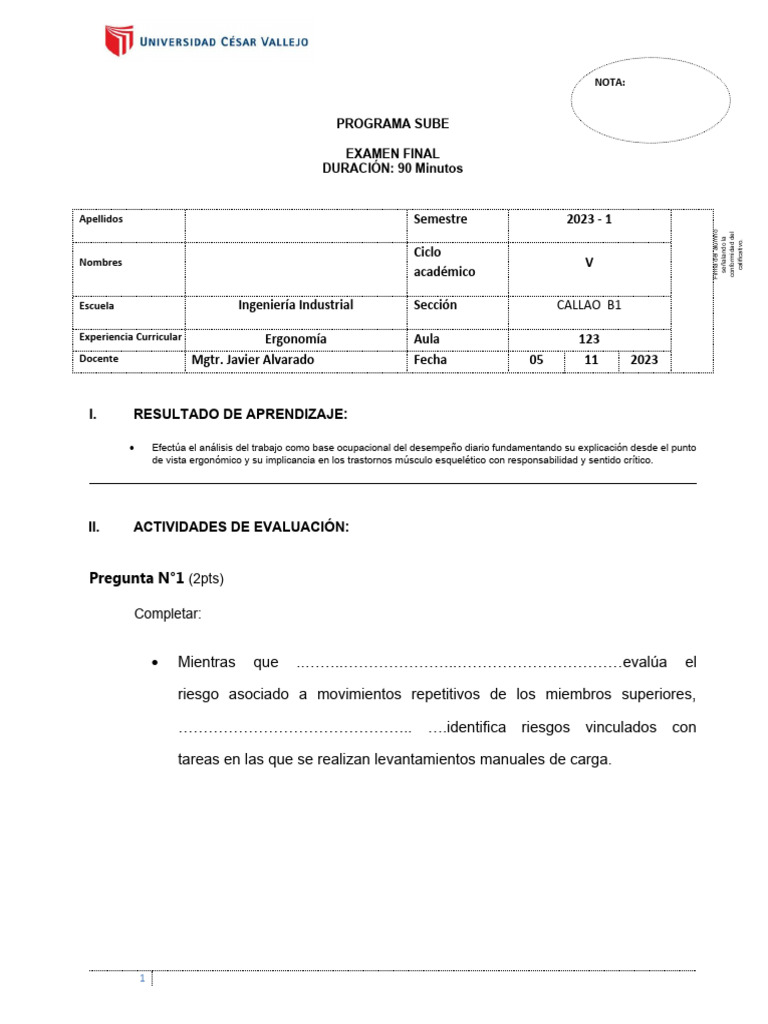 Examen Final-Ergonomía | PDF | Decibel | Factores humanos y ergonomía