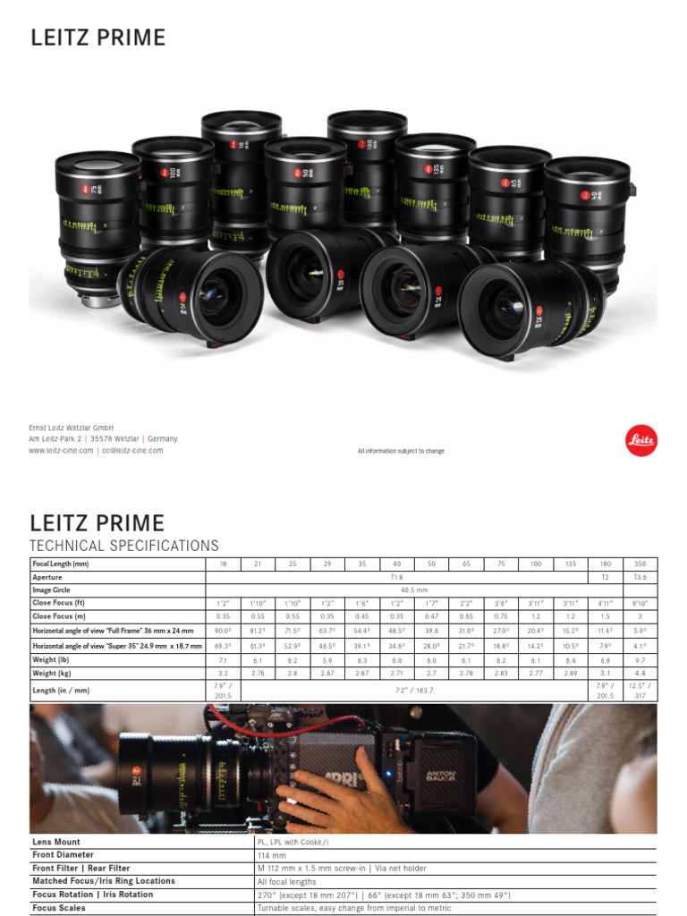 Leitz Prime Data Sheet en | PDF | Camera Lens | Imaging