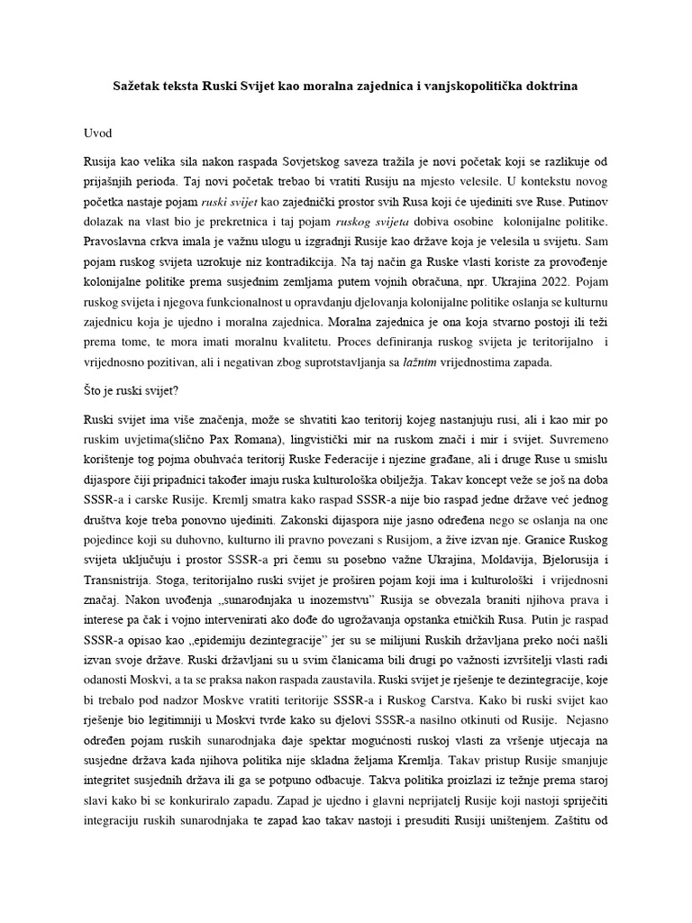 Sažetak Teksta Ruski Svijet Kao Moralna Zajednica I Vanjskop | PDF