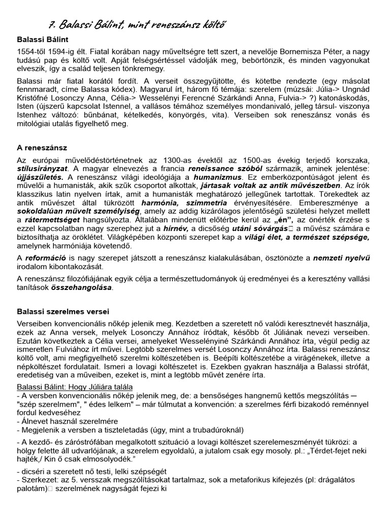 Balassi Bálint - Tétel | PDF