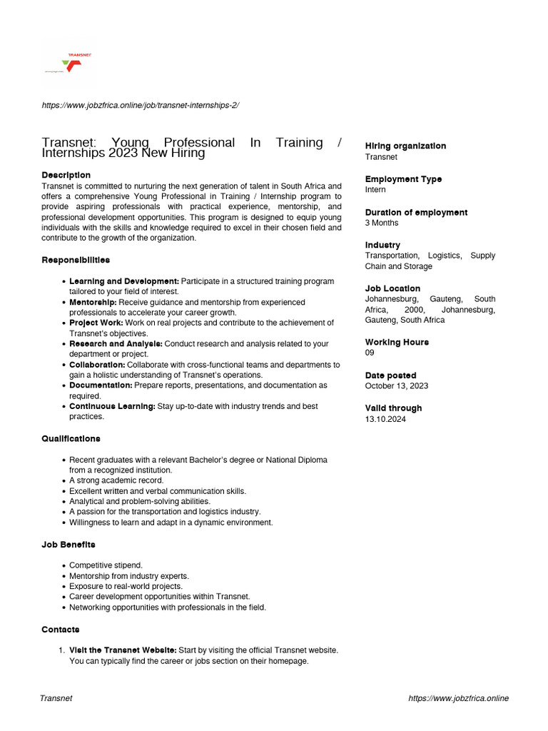Transnet Transnet Young Professional in Training Internships 2023 New ...
