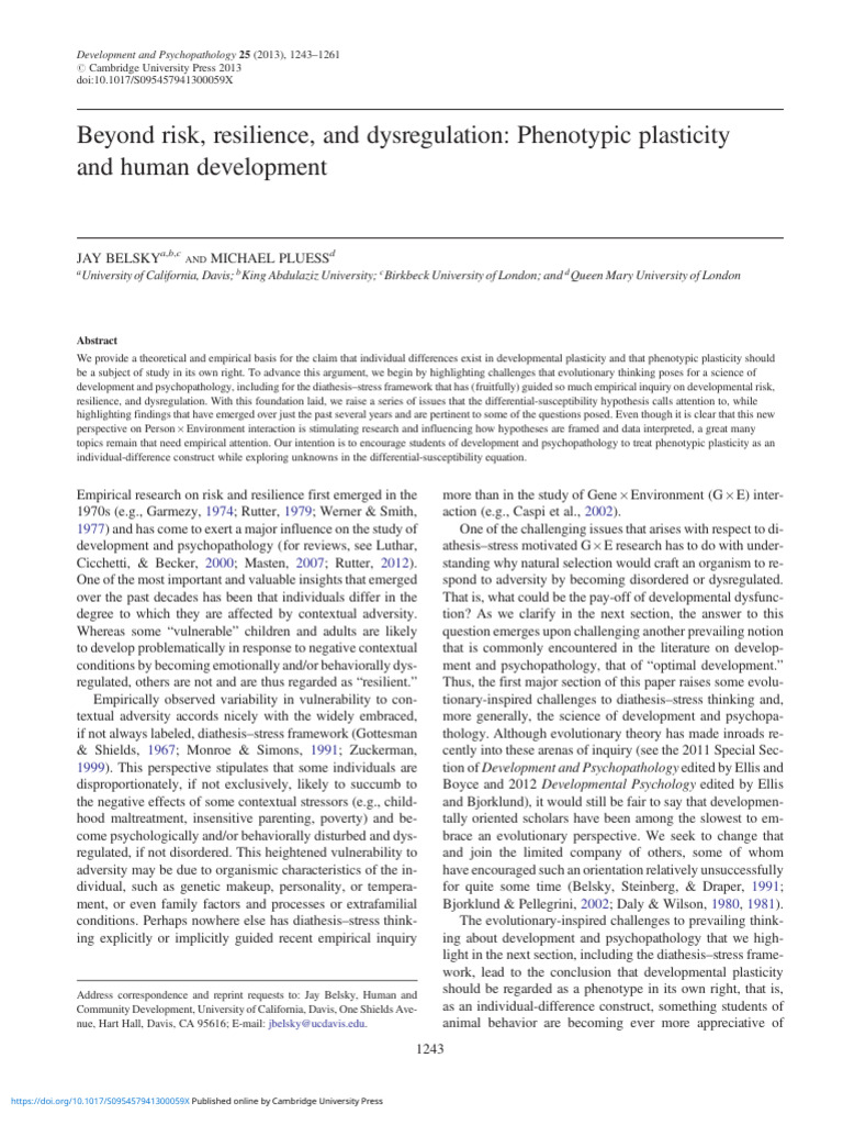 Beyond Risk Resilience and Dysregulation Phenotypic Plasticity and Human Development | PDF ...