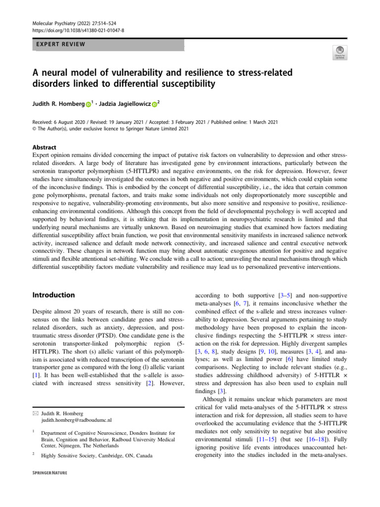 Neural Model of Vulnerability and Resilience To Stress | PDF ...