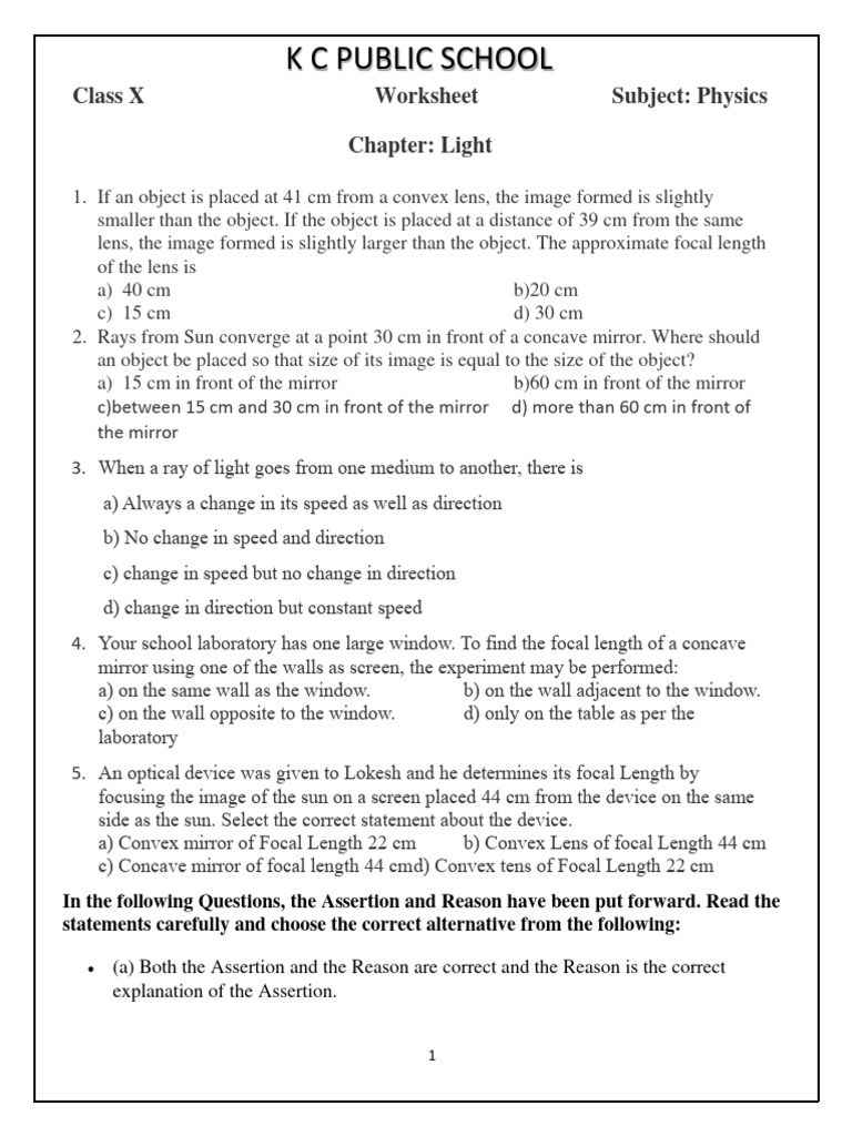 Physics Worksheet - Light | PDF | Mirror | Physical Sciences