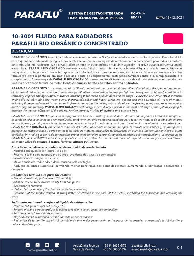 Ficha - Tecnica - Paraflu Bio Organico Concentrado | PDF | Motores ...