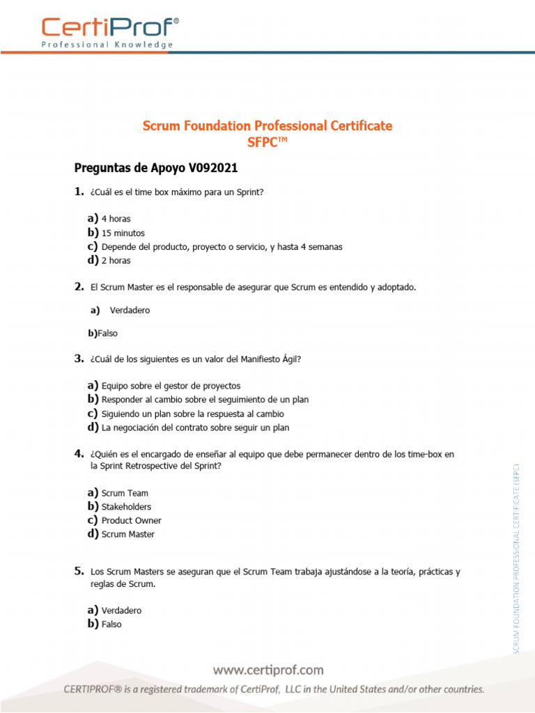 Sample Exam SFPC v092021 SP | PDF | Scrum (desarrollo de software)