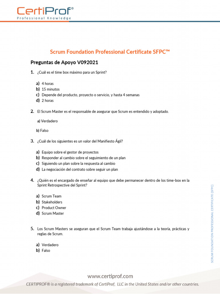 Sample Exam SFPC v092021 SP | PDF | Scrum (desarrollo de software)