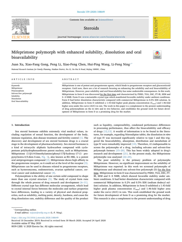 Mifepristone Polymorph With Enhanced Solubility, Dissolution and Oral ...
