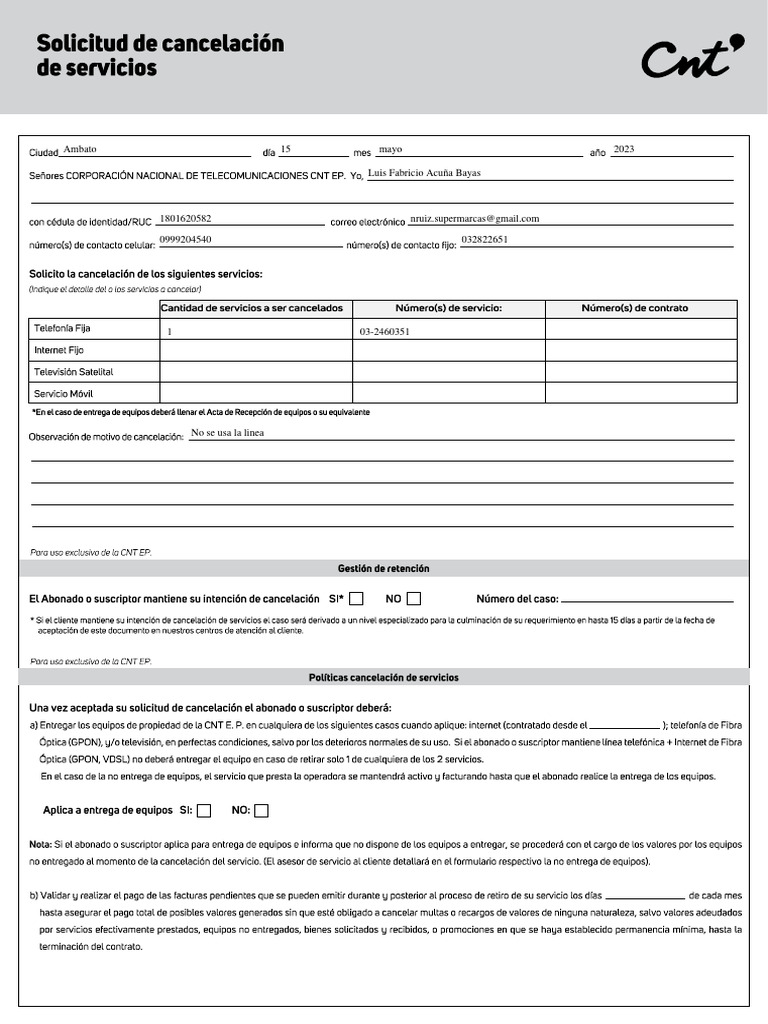 Solicitud de de Cancelación de Servicios CNT | PDF